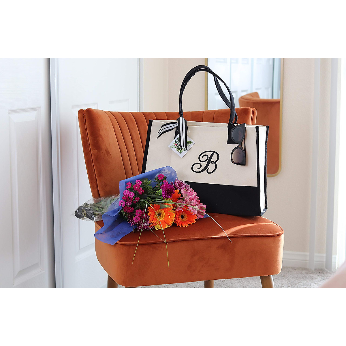 VANESSA ROSELLA Monogram Tote Bag with 100% Cotton Canvas and a Chic Personalized Monogram (Black Script Letter - M)