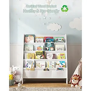 SEIRIONE Sturdy Kids Bookshelf, Book Shelf for Kids Room with Tear-Proof Oxford Sling, Eco-Safe Toddler Bookshelf, Childrens Bookshelf with Ideal Height for Quick Book Access, White/Wood Texture