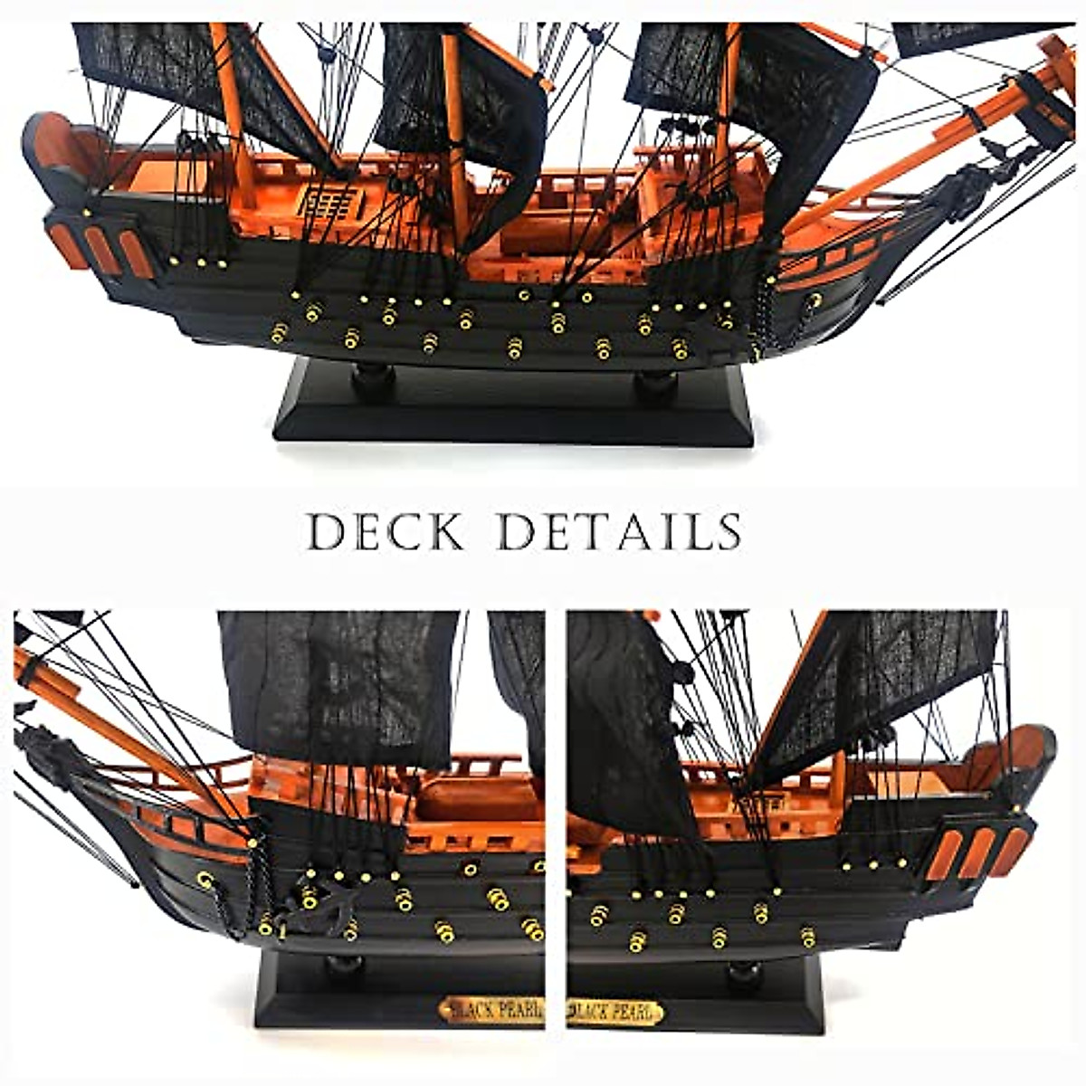 NAUTIMALL Wooden Black Pearl Caribbean Pirate Ship Model 20" Handcrafted Assembled Boat Gift Nautical Décor Display Collection Watercraft Beach Black Hamptons