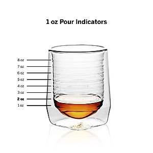 Aged & Ore - The Duo Glass | Hand Blown Double Walled Whiskey Glass Gift Set with Free Silicone Ice Molds | Integrated Measuring Lines for the Perfect Cocktail | Durable Modern Tumbler | Set of 4