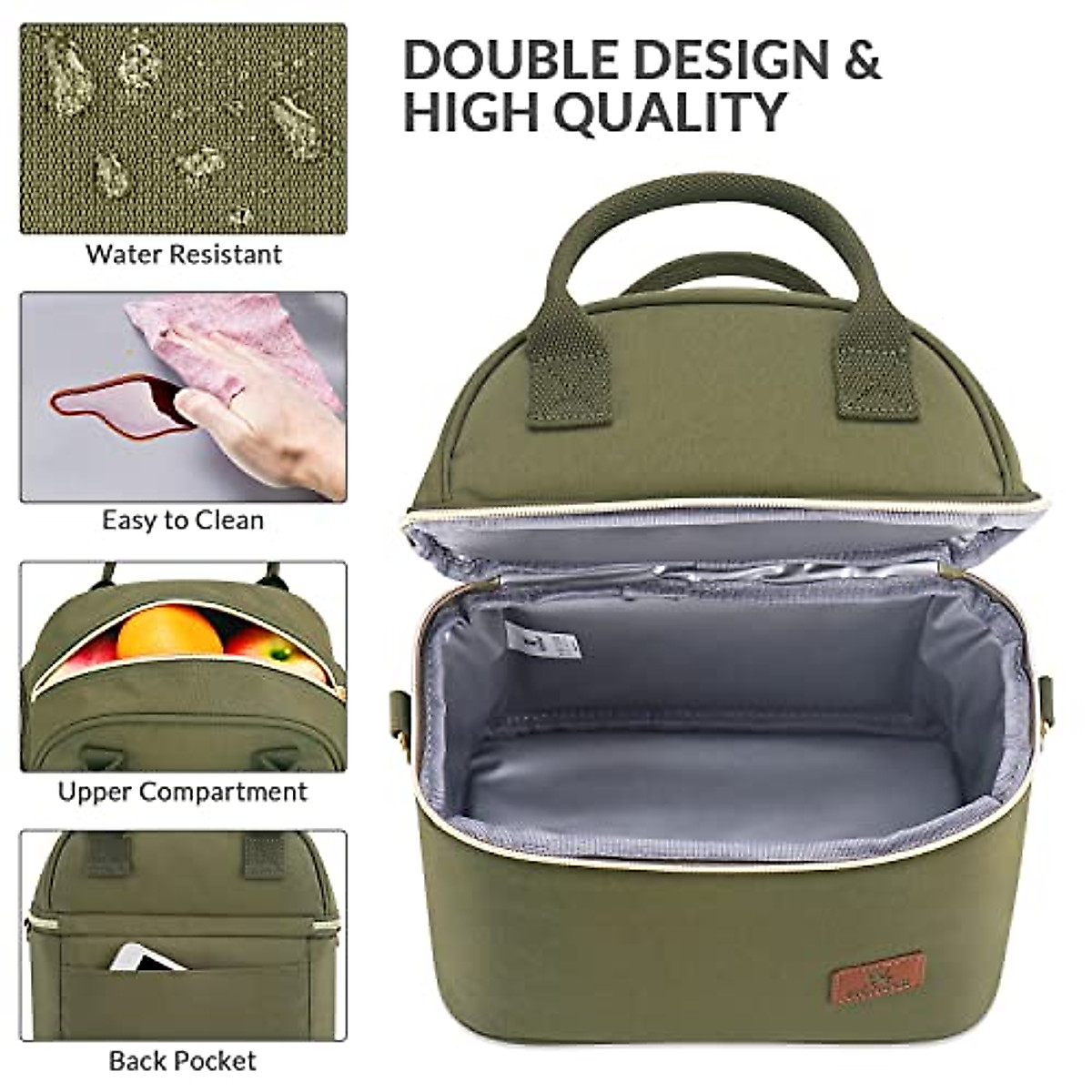 Hafmall Insulated Lunch Bag for Women Men, 9L Dual Compartment Lunch Tote Bag with Shoulder Straps, Reusable Adult Lunch Box for Work/School/Picnic, Green