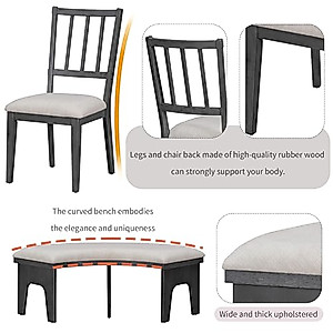 UBGO 5-Piece, Kitchen Room Sets with 44" Round Table and 3 Upholstered Dining Chairs & a Curved Bench,for 4-5 People (Grey)
