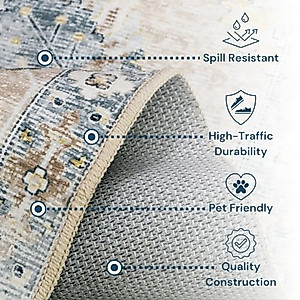 Kaspene Home - Machine Washable Thin 3x5 Area Rug - Oriental Vintage Blue and Brown, Bedroom, Hallway, Bathroom, and Entryway - Stain and Water-Resistant - Non-Slip - Pet and Kid Friendly