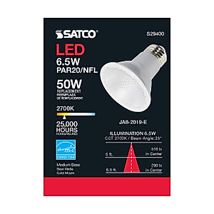 Satco S29402 6.5 Watt 120 Volt PAR20 LED Light Bulb; 3500K Neutral White Light; 25 deg. Beam Angle; E26 Medium Base; Dimmable (6 LED Light Bulbs)