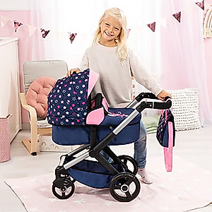 Bayer Design Dolls: Pram Xeo - Blue, Pink, Stars - Includes Shoulder Bag, Fits Dolls Up to 18", Convertible to A Pushchair, Adjustable Handle & Swivel Front Wheels, Integrated Basket, Ages 3+