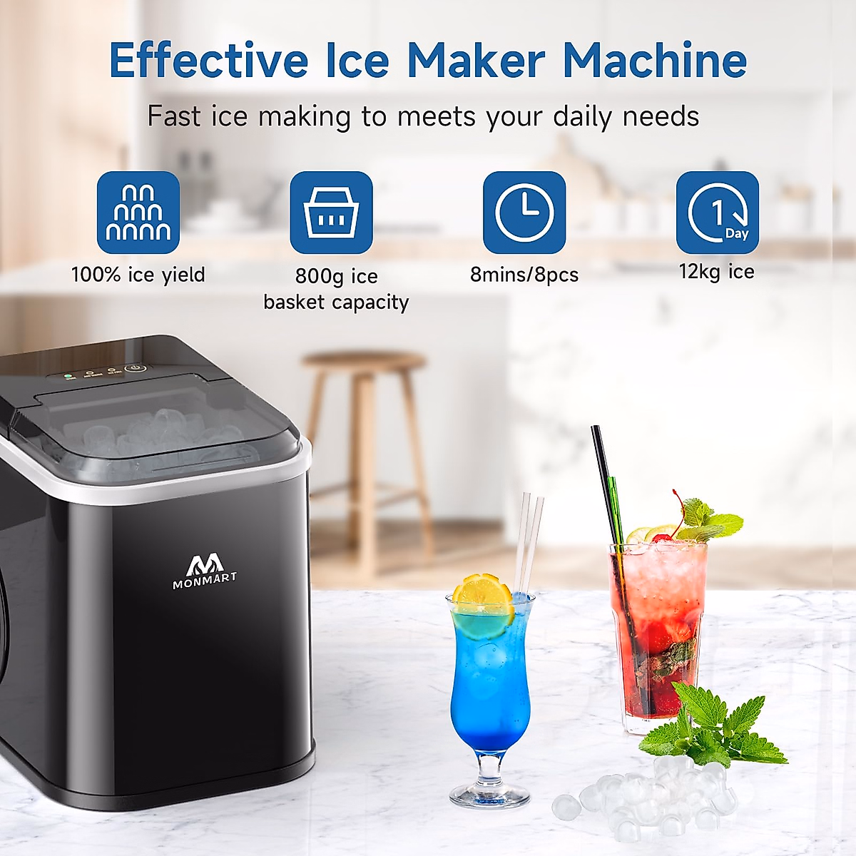 Portable Ice Maker Countertop, Small Ice Maker Machine with Handle, 26.5lbs/24Hrs, 8 Cubes in 6-10 Mins, Self-Cleaning Ice Makers for Home/Kitchen/Office/Bar