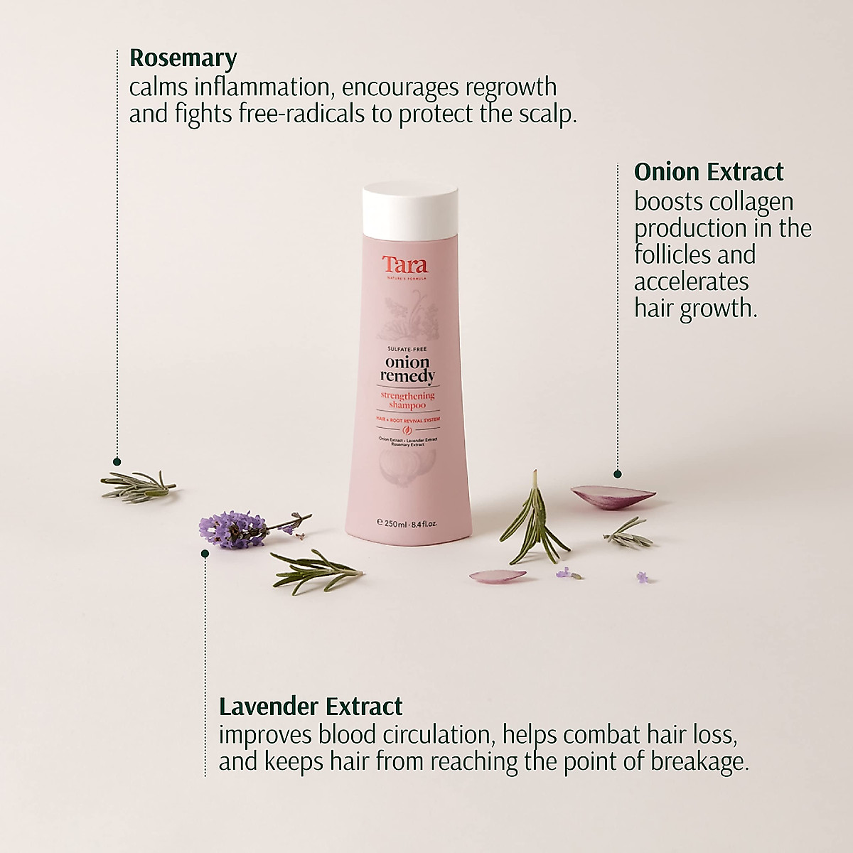 Tara Onion Remedy Strengthening Shampoo. Cruelty-Free: Stimulate and Deeply Cleanse with Lavender, Rosemary and Onion Extracts. Free from Parabens, Sulfates and Mineral Oils (8.4 Fl Oz)