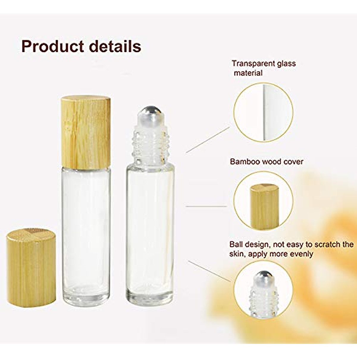 6 Count 10ml Bamboo Roll On Bottle For Essential Oils,Clear Glass Bottle With Natural Bamboo Lid,Portable Massage Stainless Steel Roller Ball Glass Vial Aromatherapy travel Perfumes Bottles