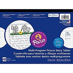 Pacon Handwriting Paper, D'Nealian Grades 1-3 / Zaner-Bloser Grade 2, 1/2" x 1/4" x 1/4" Ruled & 4-1/4" Picture Story Space 12" x 9", Ruled Long, 40 Sheets