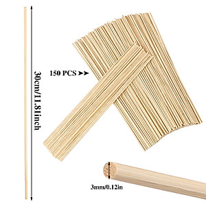 150 Pcs Dowel Rods, 1/8 x 12 Inch Wooden Dowels Craft Wood Sticks Unfinished Natural Bamboo Dowling Rods for Crafts and DIYers