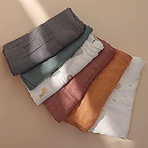 Papablic Muslin Swaddle Blankets, 3-Pack Soft Silky Swaddle Blankets for Boys and Girls, Bamboo & Cotton Receiving Blanket with 1 Hair Bows, Solid Color/Rainbows, Large 47 x 47 inches