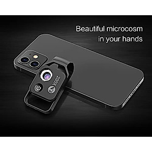 200X Phone Mini Pocket Microscope, with LED Light/Universal Clip, Portable Digital Microscope Camera Lens Attachments for Smartphone, Open up The microworld for Kids Adults (Black with CPL)