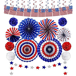 26Pcs Patriotic Party Decorations 4th of July Decor Set - USA Flag String Red White Blue Paper Fans Star Streamer Pom Poms Hanging Swirls for Labor Day,Veterans Day,Presidents Day,Flag Day