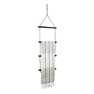 4-Rung Hanging Blanket Ladder, Wooden Rustic Towel Racks for Bathroom with Rope for Bathroom Decor, Black (17 x 60 in)