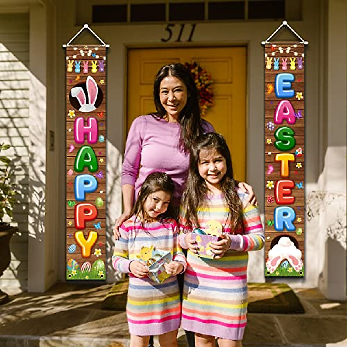 Easter Party Supplies-Happy Easter Porch Sign Banner,2PCS Hello Peeps Front Door Welcome Banner for Spring Theme Easter Bunny Door Decoration (Porch)