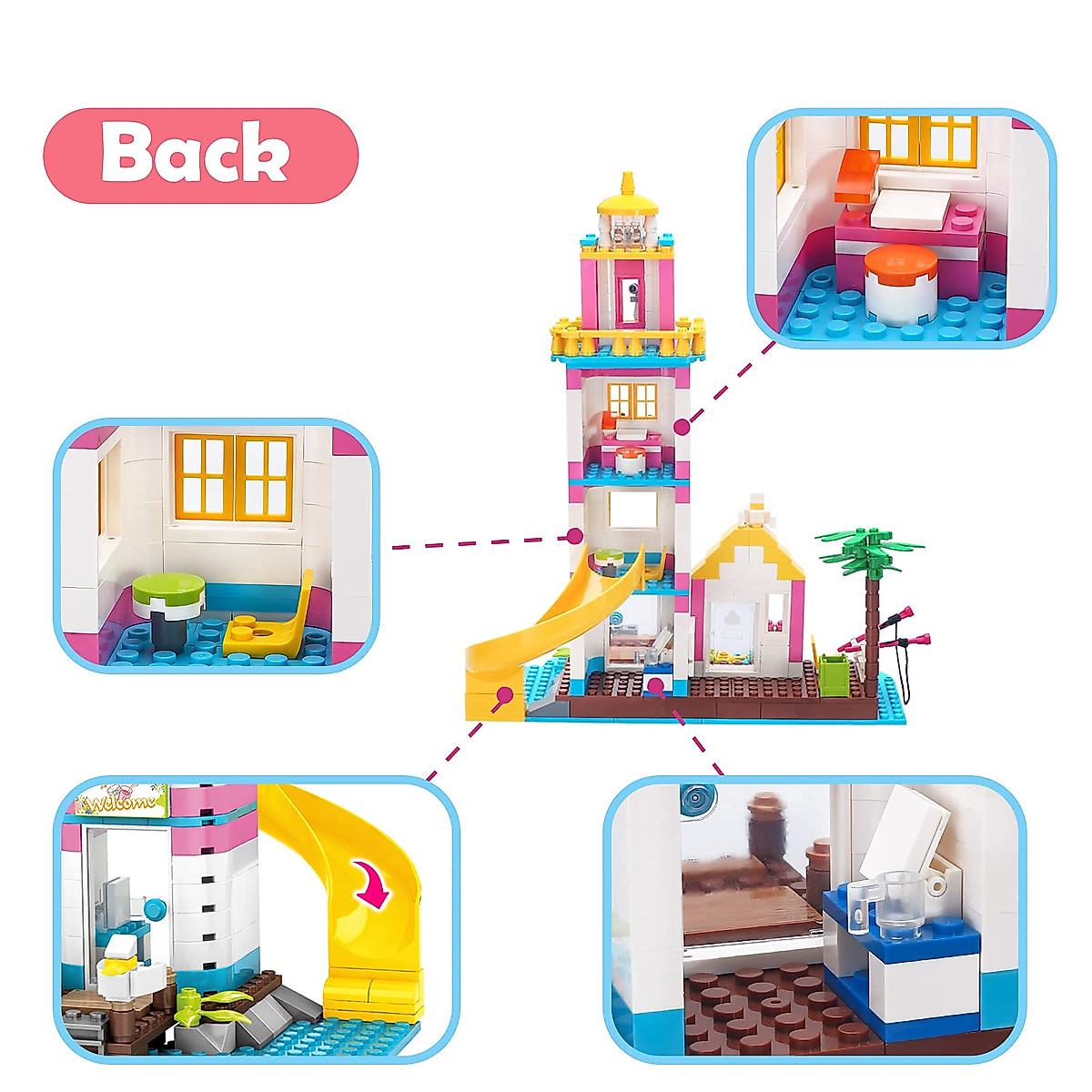 Tblicked Girls Friends Lighthouse Building Toys, Seaside Villa Building Sets 412 Pieces, Beach Fun with Friends Fishing Surfing, Summer Holiday Island Adventures Play Set Gift for Kids Aged 6-12