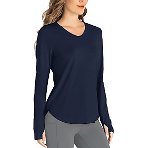 Hiverlay Long Sleeve Workout Shirts for Women V Neck UPF 50+ Athletic Shirts with Thumbhole Running Loose Active T-Shirts Navy Blue m
