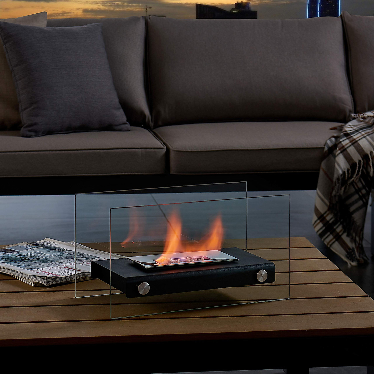 Danya B. Rectangular Tabletop Smokeless Fireplace with Clear Glass Panels, Indoor/Outdoor Use, Ventless, Portable, 7.5" H x 6.75" D x 13.25" W, Modern Matte Black Metal Fire Pit, Bio-Ethanol Fuel