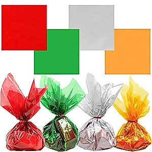 AnapoliZ Cellophane Sheets 120 pcs Pack | (12 x 12 inch) 4 Mix Colors 2.3 Mil | Translucent Holiday, Christmas Cello Sheets - Green, Red, Silver, Gold | Glossy Xmas Colors Sheets for Treats, Crafts