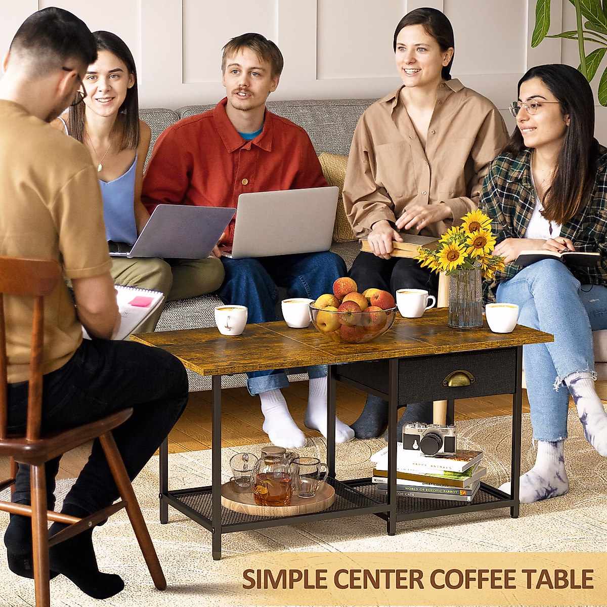 DAOUTIME Small Coffee Tables for Living Room with Drawer, 2-Tier Center Small Table for Small Spaces, Farmhouse Simple Table with 2 Wire Mesh Storage Racks, 15.79" D X 33.11" W X 16.81" H