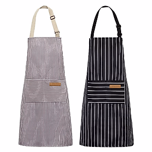 NLUS 2 Pack Kitchen Cooking Aprons, Adjustable Bib Soft Chef Apron with 2 Pockets for Men Women (Black/Brown Stripes)