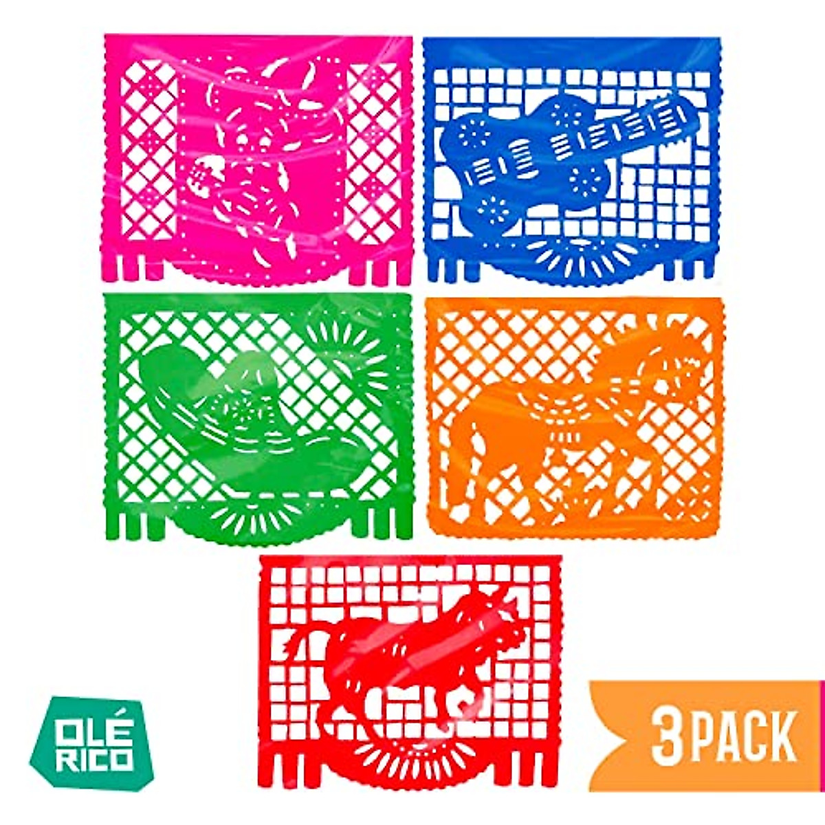 OLÉ RICO - Mariachi Banner, Plastic Papel Picado Banner, Mexican Party Banner, Mexican Themed Party Decorations, Fiesta Party Decorations, Authentic Mexican Decorations, 16 x 13 in 16 ft. Long, 10 Count (Pack of 10)
