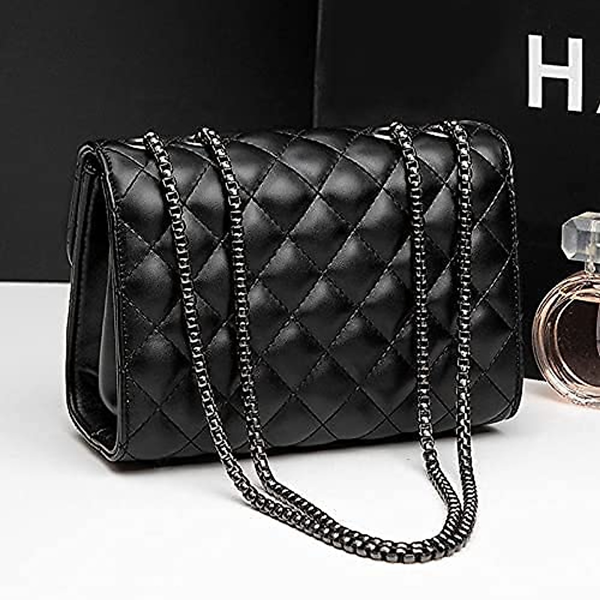 Small Quilted Crossbody Handbag or Shoulder Bag with Flap Purse with Chain Strap for Women (Black - Graphite Chain)