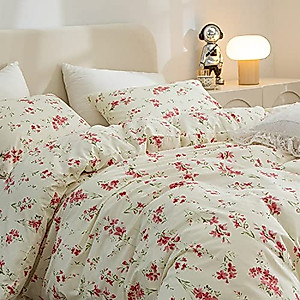 Twin Floral Duvet Cover, 100% Cotton 3 Pieces Twin Floral Bedding Sets for Girls, Red Floral Chic Garden Style Floral Pattern Printed Twin Floral Duvets with Zipper Closure (Floral, Twin)