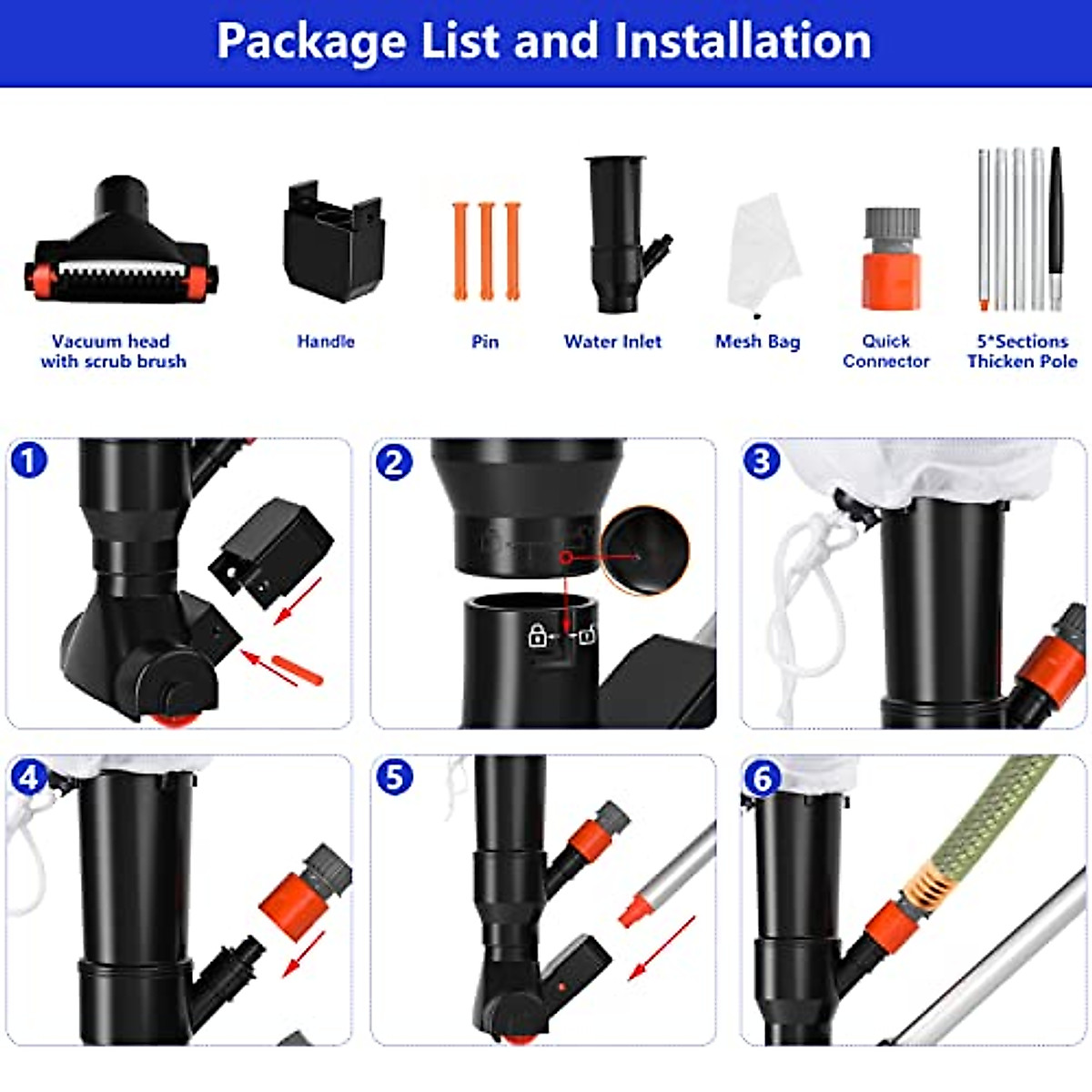 2023 Upgraded Small Pool Vacuum for Above Ground Pool w/Unique Lock Catch,48" Pool Pole,Brushes &Leaf Bag kit,Portable Swimming Pool Vacuum Head Cleaner,Pool Leaf Vacuum for Spa Hot Bub,Inground Pool