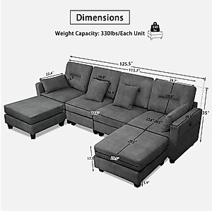 DIFYHOMEY U Shaped Modular Sectional Couches with USB Ports, Oversized 125” Velvet Anti-Scratches Fabric Sectional Sofa Set with Ottoman, Lumbar Pillows for Living Room, Office
