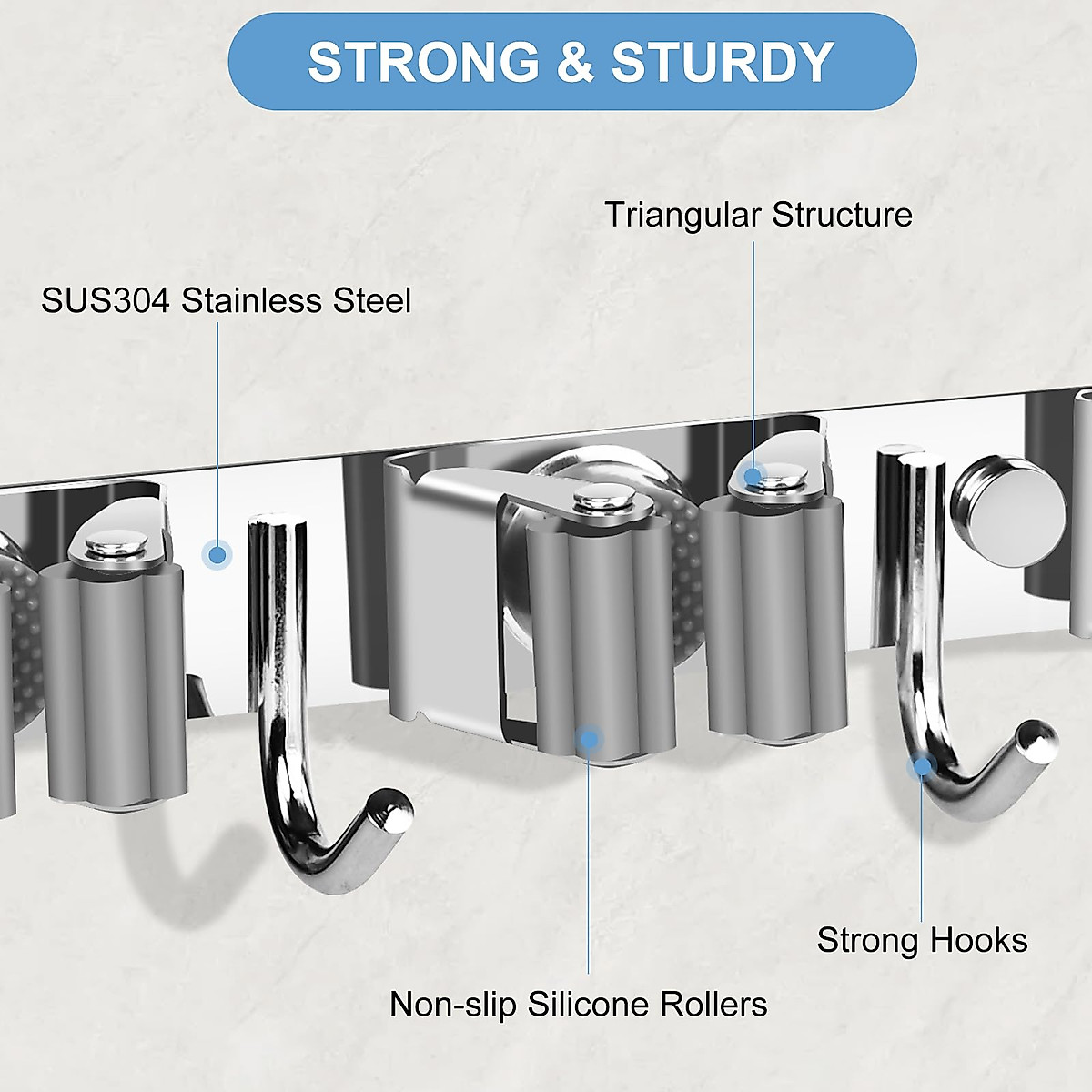 Dmikcav Mop and Broom Holder Wall Mounted, 4 Racks and 5 Hooks Broom, Upgraded Stainless Steel Broom Holder Self Adhesive, Broom Organizer, Tools Organizer for Home Kitchen bathroom Garden balcony