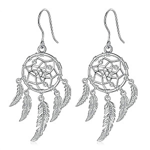 INFUSEU Sterling Silver Dream Catcher Feather Tassel Dangle Earrings for Women Ladies, Tribal Amulet Boho Bohemian Charms Fashion Jewelry