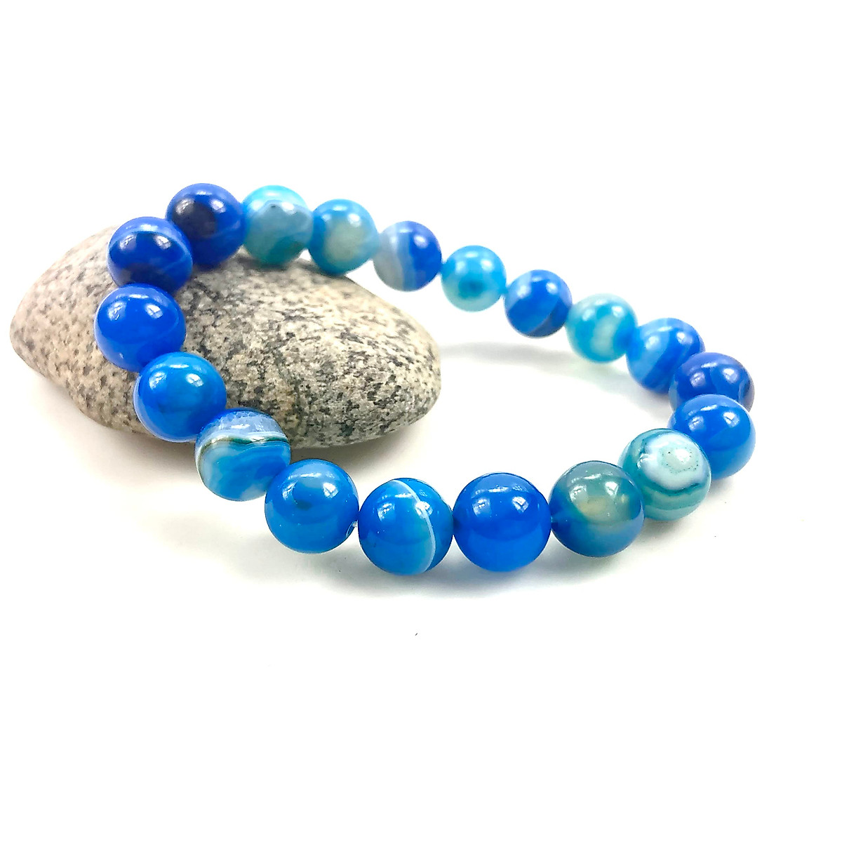 PURPLE WHALE Botswana Agate Stone Bracelet for Women, Men | Round Beads Stretch Adjustable Bracelet for Meditation, Yoga (Blue)