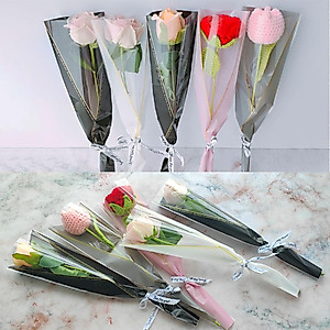 ZAYOIZY 50pcs Flower Bouquet Packaging Bags Single Rose Wrapping Sleeves Clear Cellophane Bags Plastic Bouquet Wrappers for Valentine' s Day Present, White