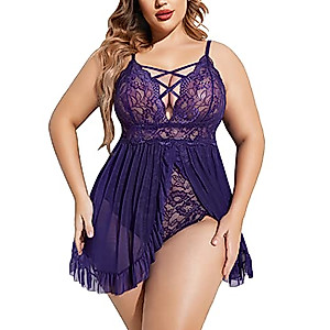 Avidlove Lingerie For Women Plus Size Babydoll Lace Nighties Sexy Strappy Exotic Sleepwear (Purple,XXL)