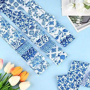 Bolsome 50Pcs Chinoiserie Jelly Polyester Fabric Roll White Blue Floral Quilting Strips Assorted Patterns Patchwork Craft Sewing Supplies for Quilters and Sewing Crafts, 39.37 × 2.55 Inch