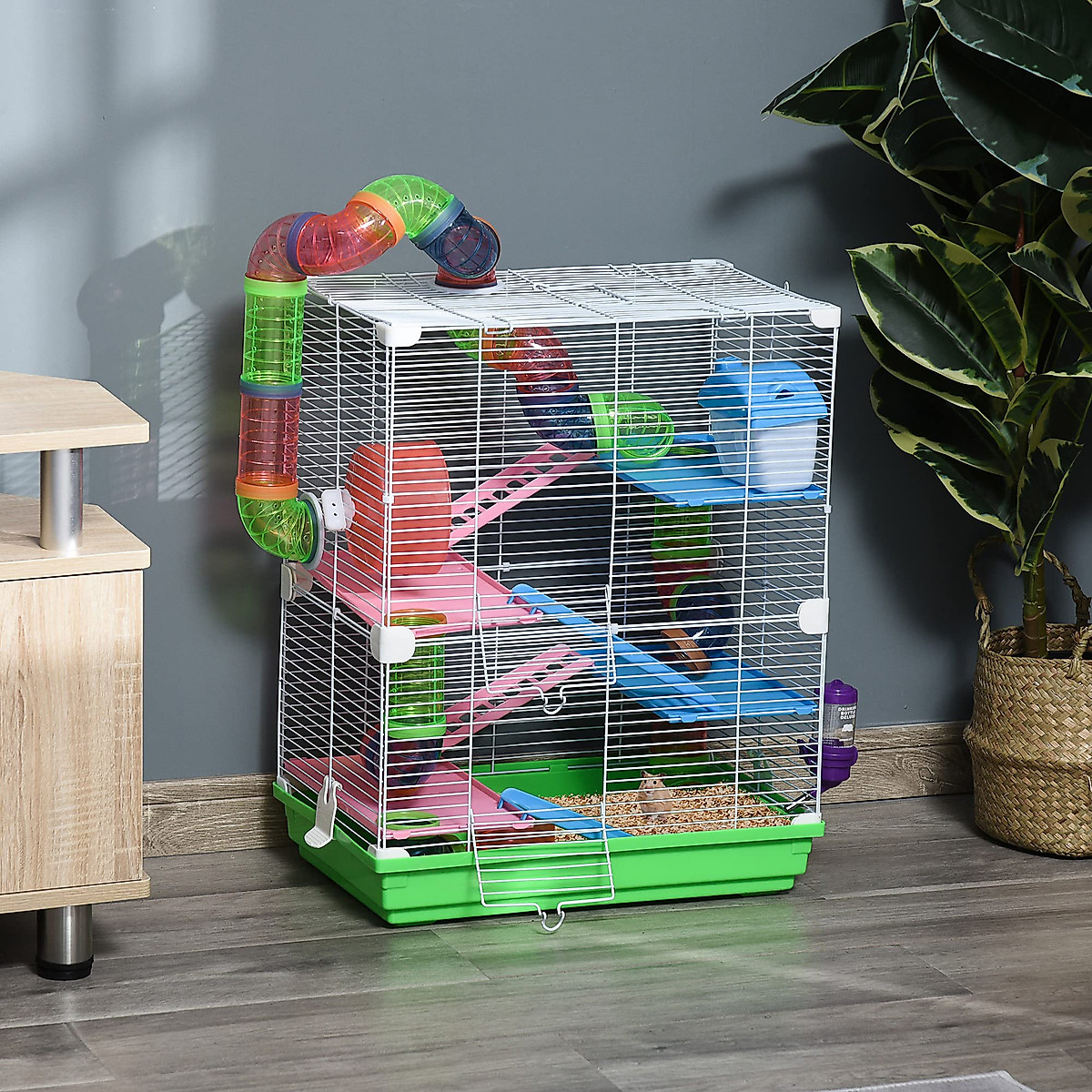 PawHut 18" 5 Tier Hamster Cage with Tubes and Tunnels, Small Animal Cage with Portable Carry Handle, Gerbil Cage with Water Bottle, Food Dish, Exercise Wheel