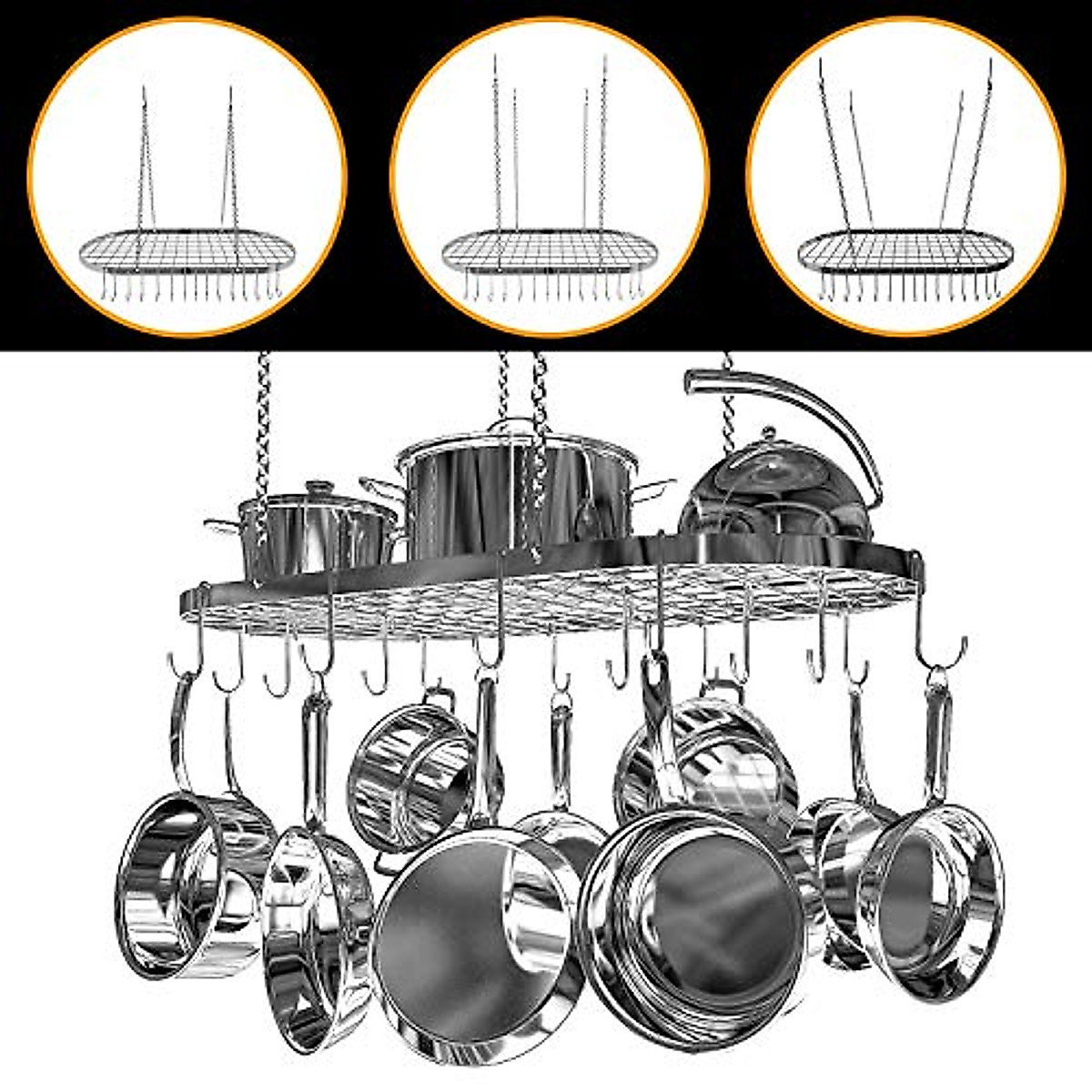 Vdomus Hanging Pot Rack Pot and Pan Ceiling Rack, Mounted Cookware Storage Pan Rack , Hanging Pot and Pan Suspended Organizer with 15 Hooks (33 x 17 Inch) for Kitchen Organization Storage