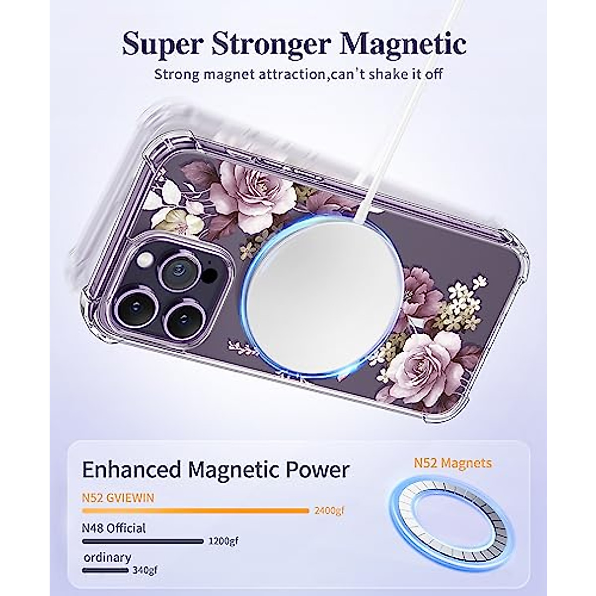 GVIEWIN for iPhone 14 ProMax Case Compatible with MagSafe, [Screen Protector + Camera Lens Protector] [MIL-Grade Protection] Magnetic Floral Clear Shockproof Women Phone Case for 14 Pro Max(Purple)