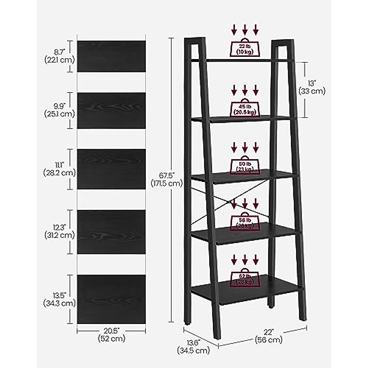 VASAGLE Ladder Shelf, 5-Tier Bookshelf, Storage Rack, Bookcase with Steel Frame, for Living Room Home Office, Kitchen, Bedroom, Industrial Style, Ebony Black + Black