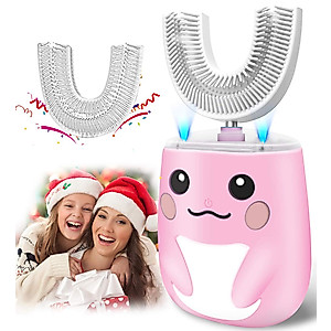 Kids U Shape Electric Toothbrushes Ultrasonic Whole Mouth Auto Toothbrush with 6 Cleaning Modes 2 Brush Heads Brushing Timer Lights IPX7 Waterproof Rechargeable Cartoon Design for Ages 2-6