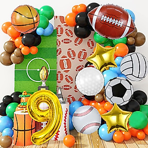 9 Pieces Sports Balloons, Football, Basketball, Baseball, Volleyball, Golf and Soccer Foil Balloon, Sports Birthday Number Mylar Foil Balloon, Sport Theme Birthday Party Supplies Decorations (9th)