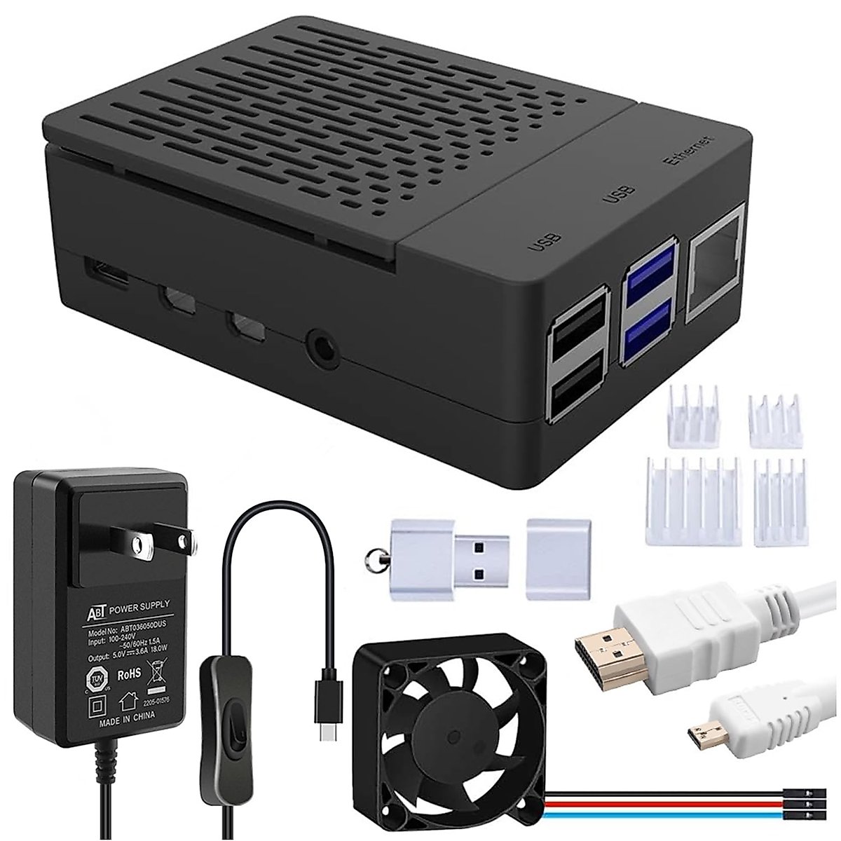GeeekPi Case with PWM Fan for Raspberry Pi 4, 18W 5V 3.6A USB-C Power Supply for Raspberry Pi 4, Heatsinks, USB Card Reader, Micro HDMI Cable, Micro HDMI to HDMI Adapter for Raspberry Pi 4 8GB/4GB/2GB