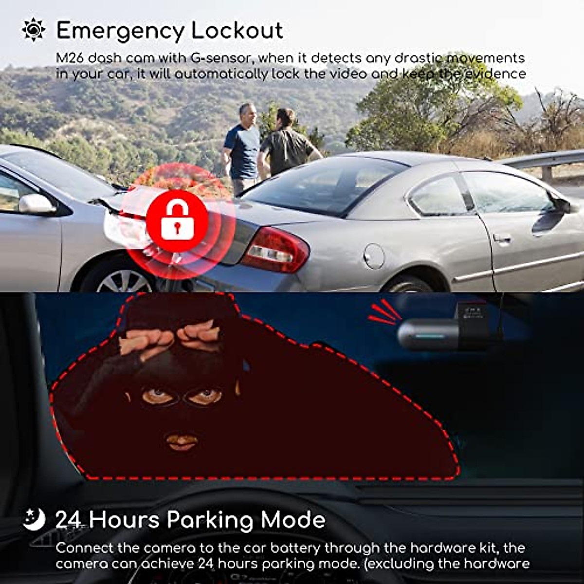 COOAU 1080P FHD Dash Cam, Smart Dash Camera for Cars, Mini Car Front Center Camera Recorder with Infrared Night Vision, Supercapacitor, G-Sensor, WDR, Loop-Recording, Parking Monitor (M26)