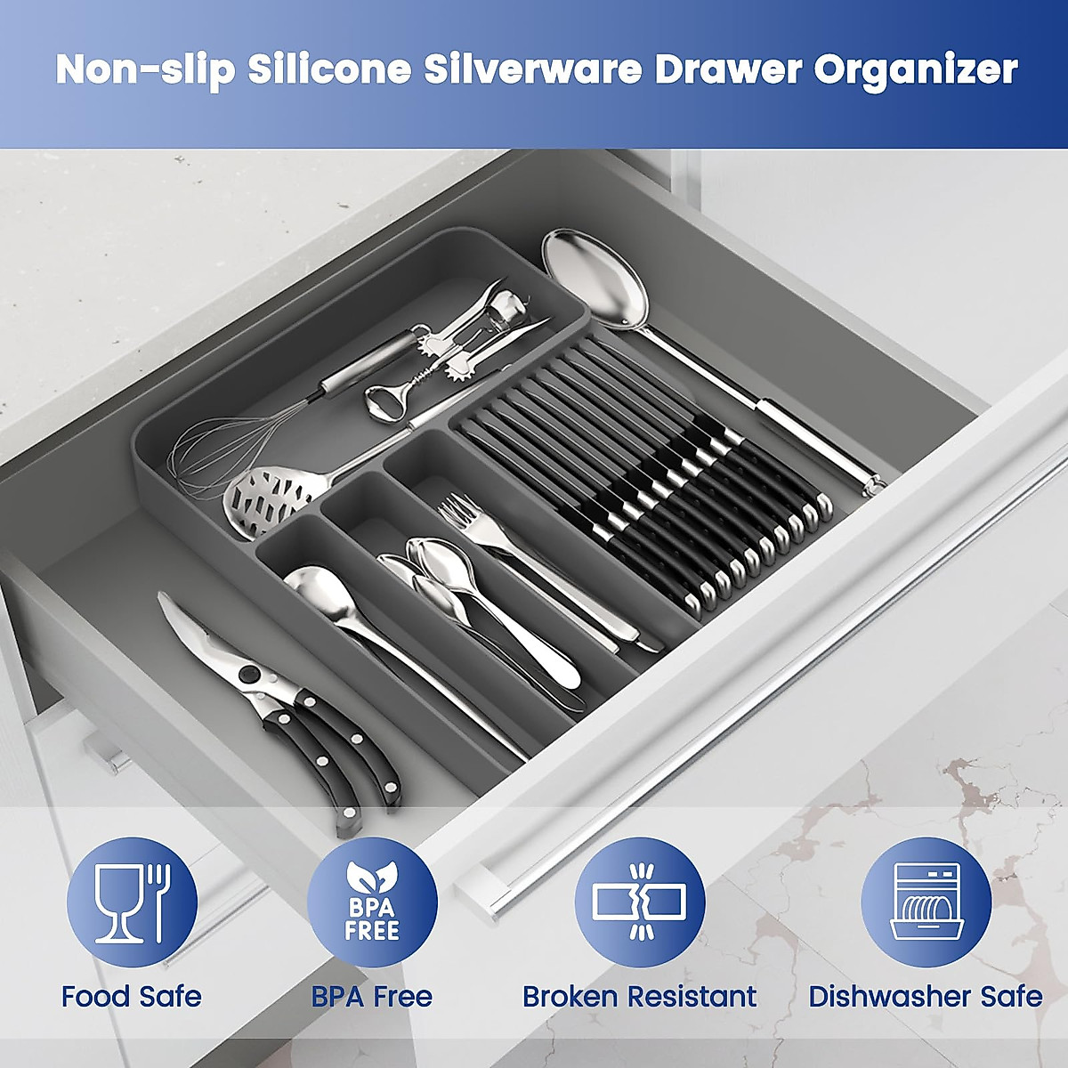 OUTXE Silicone Silverware Drawer Organizer, Non-Slip Utensil Organizer for Kitchen Drawers, Cutlery Tray with Extra Knife Block, 4 Compartments Flatware Organizer for Spoon and Fork, Grey