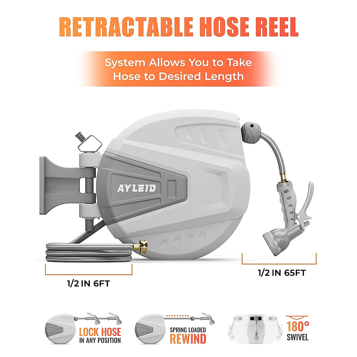 Ayleid Retractable Garden Hose Reel,1/2 in x 65 ft Wall Mounted Hose Reel, with 9- Function Sprayer Nozzle, Any Length Lock/Slow Return System/Wall Mounted/180°Swivel Bracket (Grey)