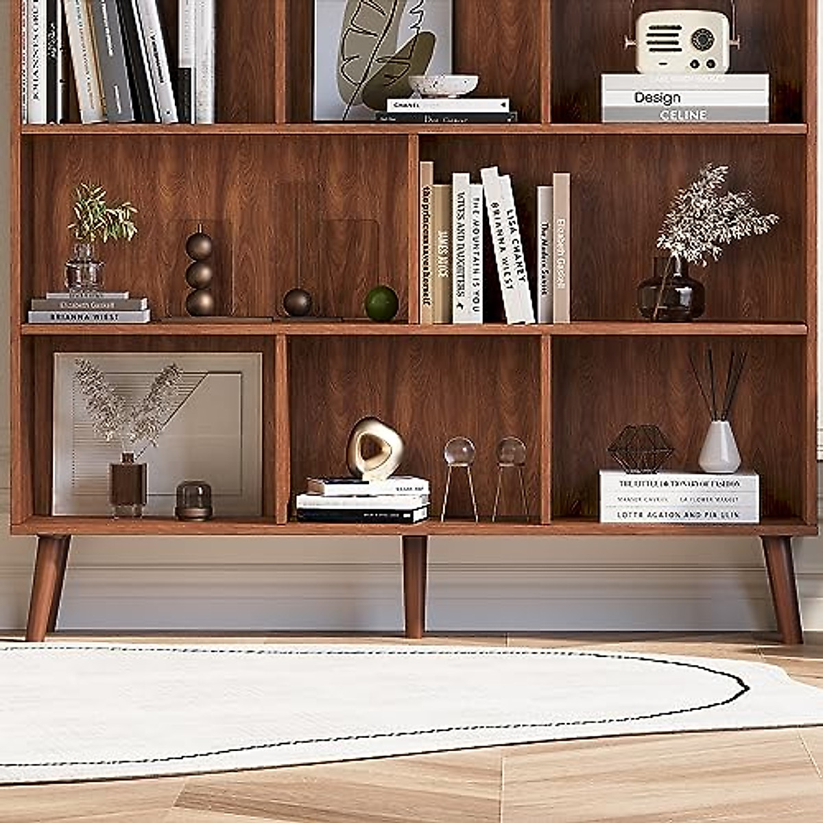 VICLLAX 3-Tier Open Book Shelf with Legs, Storage Walnut Book Shelves, 8 Cube Floor Standing Display Shelf for Home Office, Bedroom, Reading Room