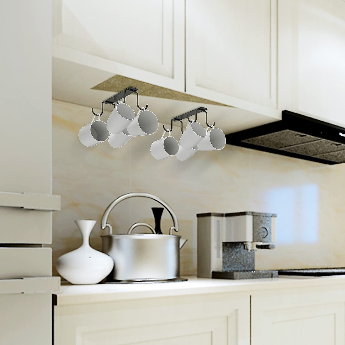 2PCS Mug Hooks Under Cabinet,Coffee Cups Holder with 8 Mug Hooks,Metal Mugs Hooks Under Shelf for Mugs,Coffee Cups and Kitchen Utensils(Black)