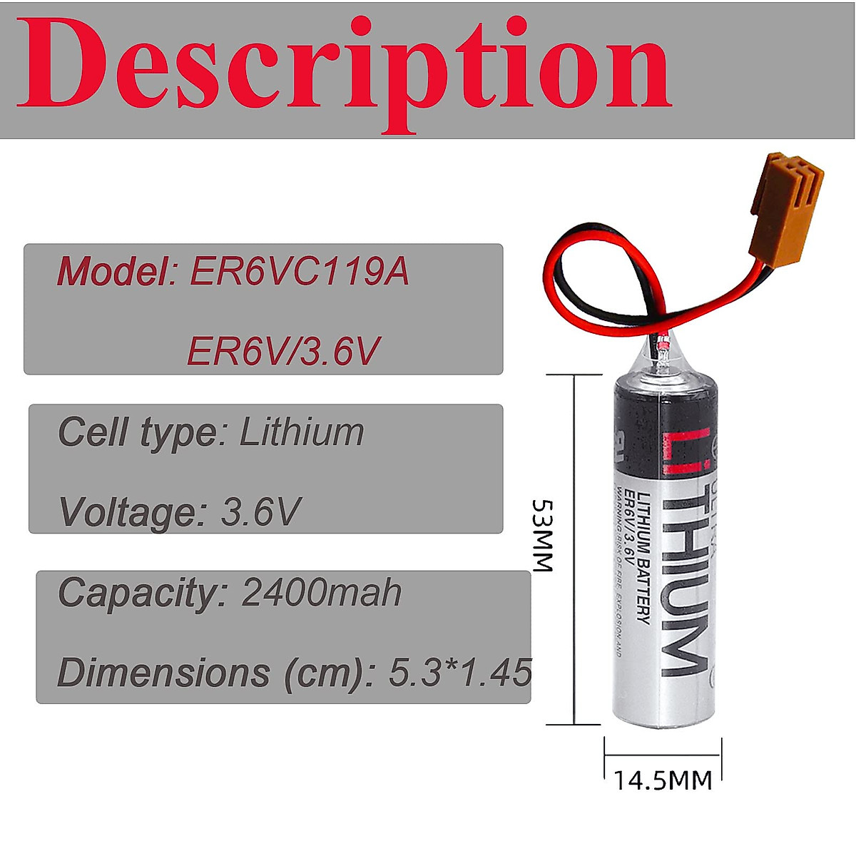 5-Pack ER6V/3.6V 2400mAh PLC Lithium Battery, ER6VC119A/ER6VC119B with Brown Plug for M64 System