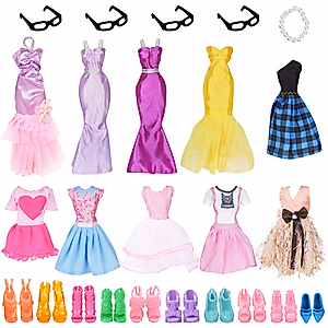 YTSQLER Doll Dresses Clothes,25Pcs Doll Clothing Set 10 Fashion Doll Dresses 10 Pairs Doll Shoes 4 Glasses and 1 Well-Made Pearl Necklace Doll Clothes and Accessories for 11.5 inch Girl Dolls